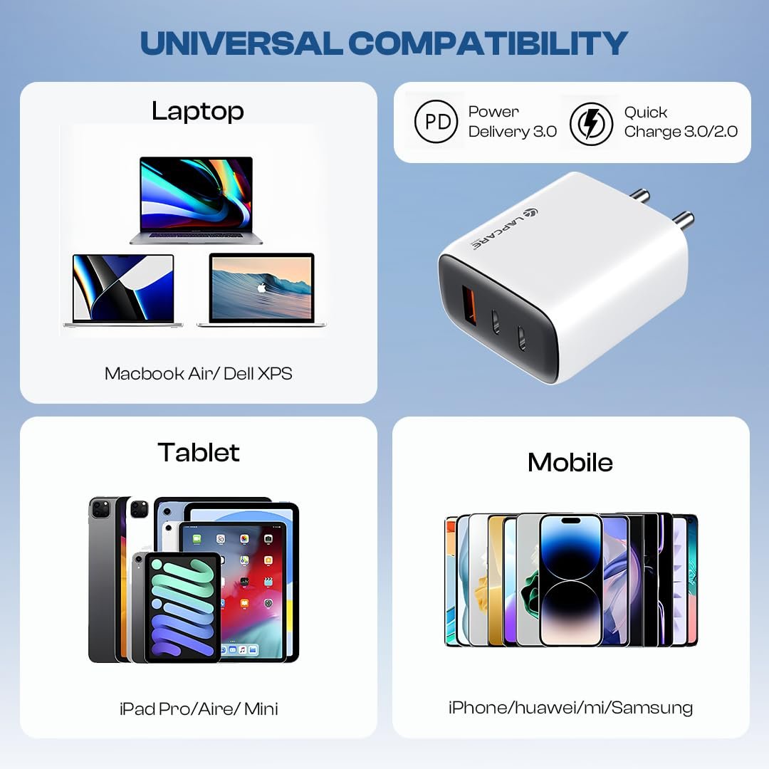 Lapcare Thumby Trio 65W GaN Charger with Type-C Cable, 3 Ports, 2 Type ...