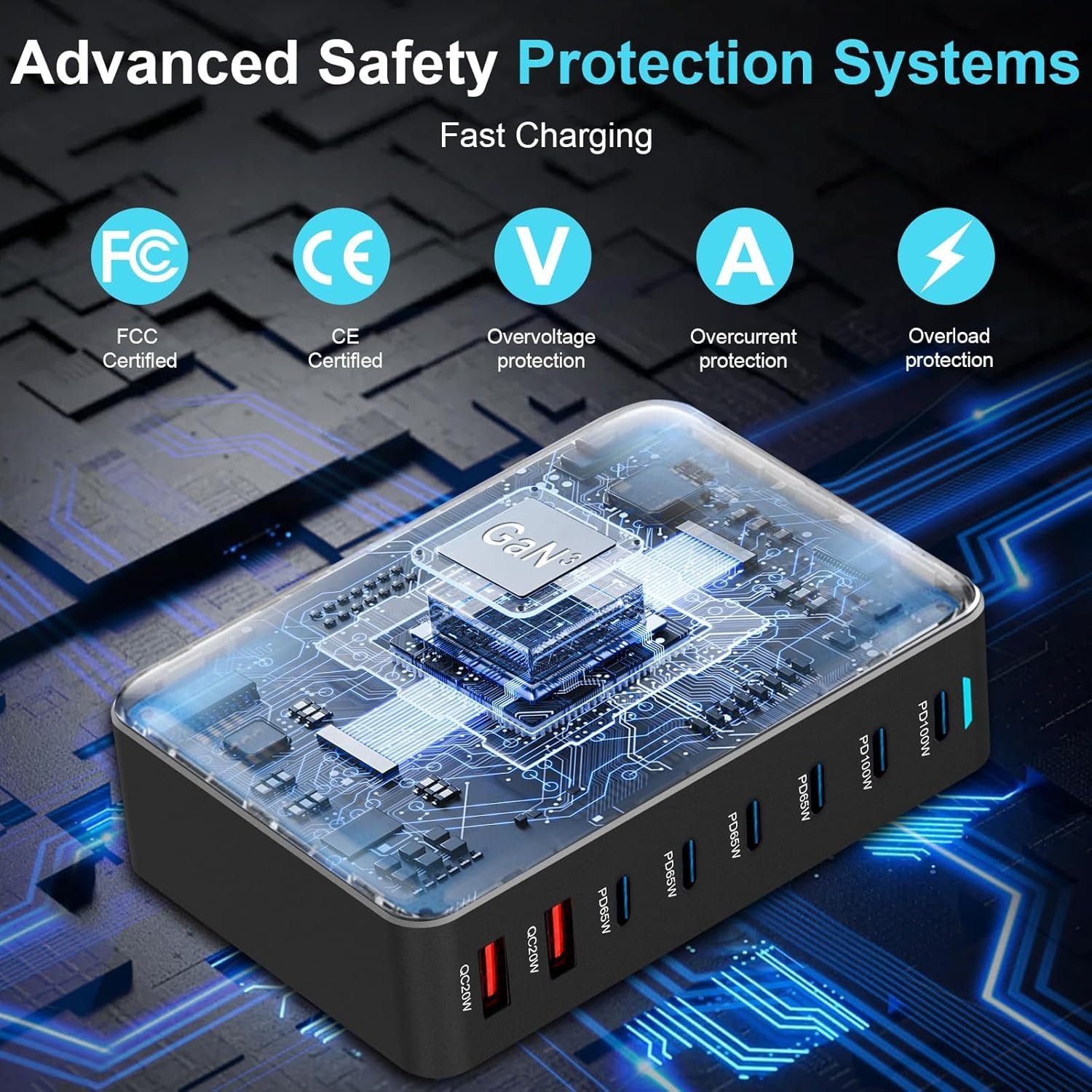 Dawnrays 8-in-1 500W GaN Fast Charger – 6 USB-C (100W+65W) & 2 USB-A QC ...