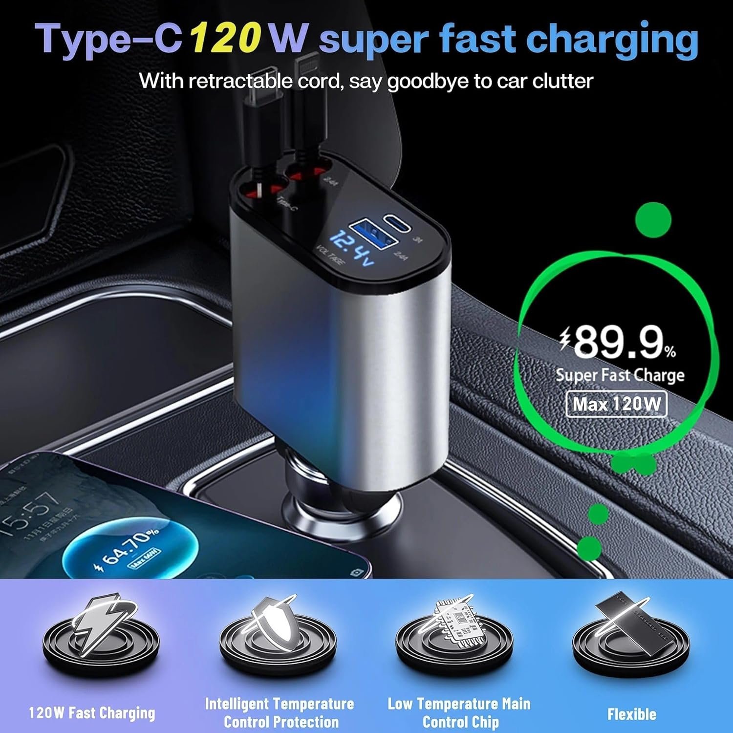 AUORITO 120W 4 in 1 Retractable Car Charger Socket New 2025,Multi USB ...