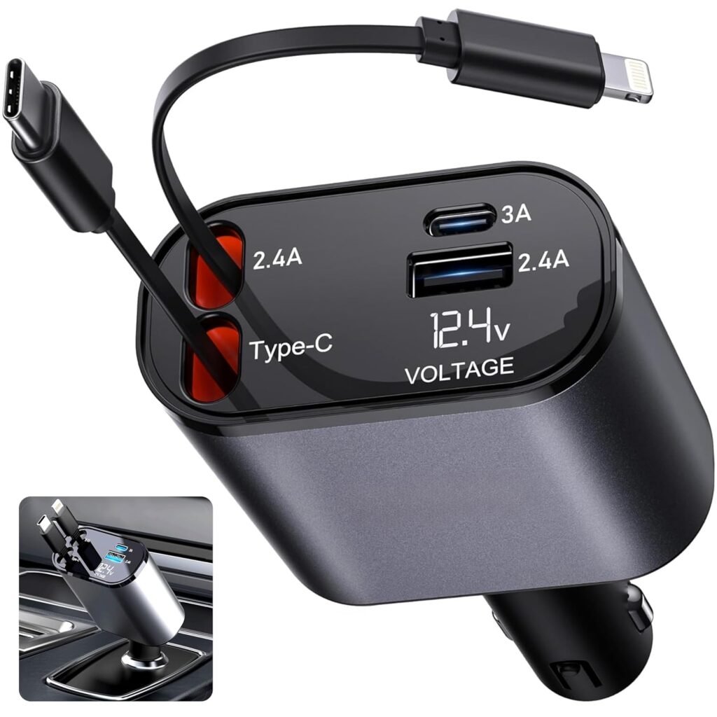 AUORITO 120W 4 in 1 Retractable Car Charger Socket New 2025,Multi USB ...